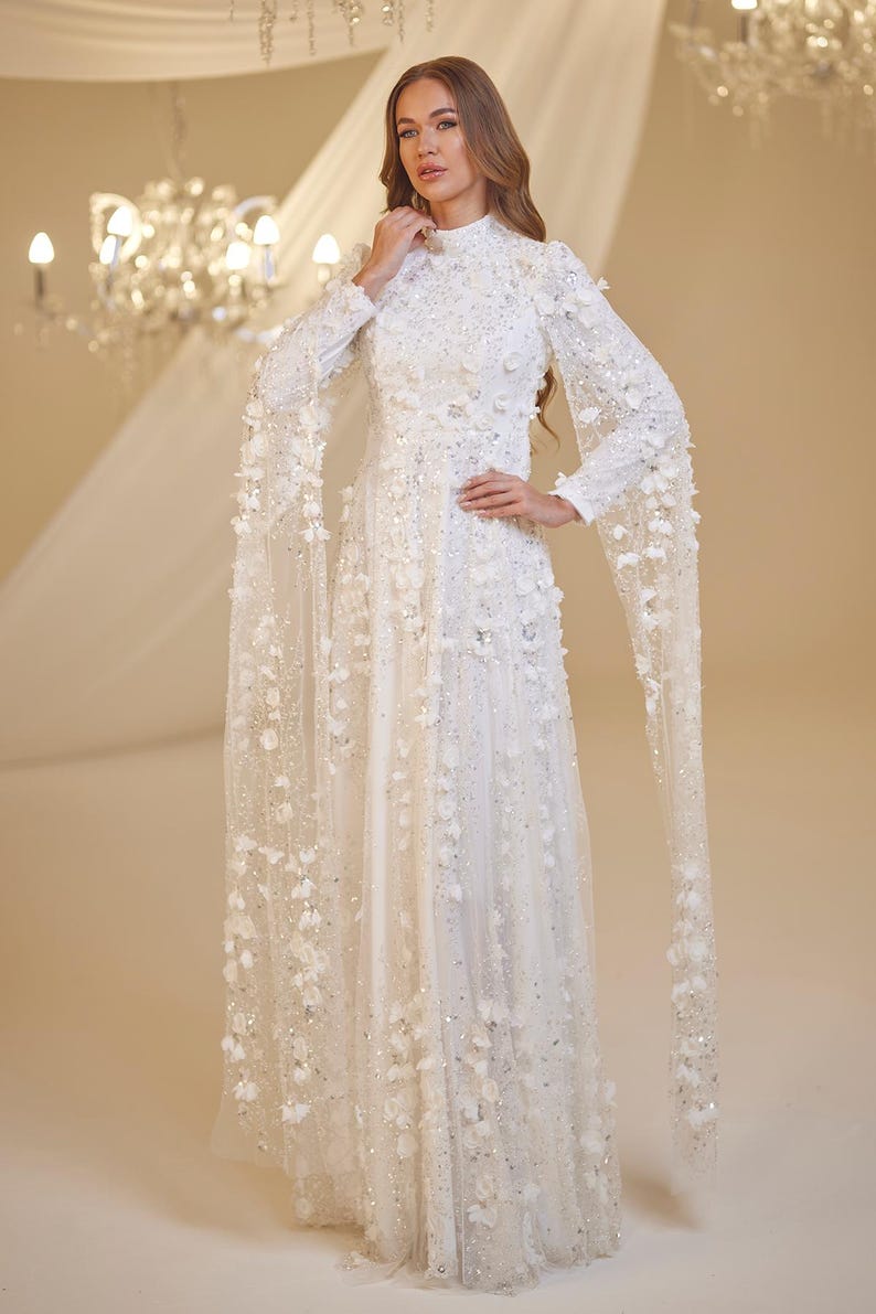 Luxury Modest Gown With 3D Floral Details - Elegant Hijab-friendly ...