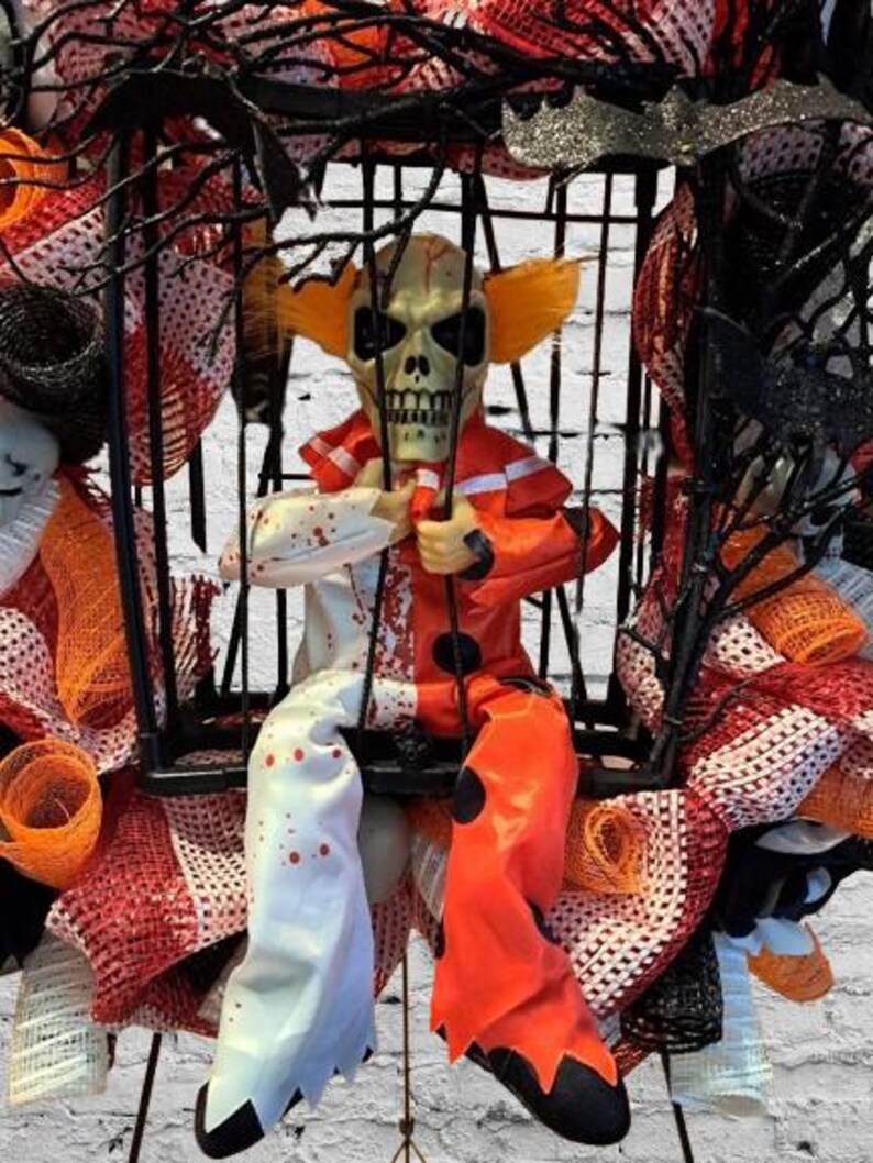 Animated Caged Clown Halloween Wreath, Seasonal Front Door Decor, Scary ...