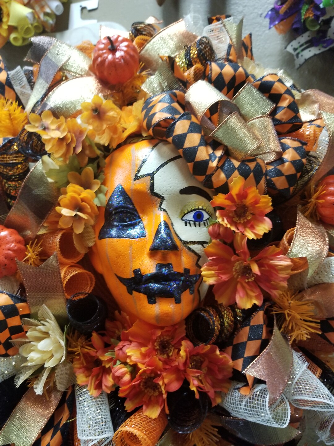 Whimsical Pumpkin Girl Mannequin Head Fall Floral Wreath, Halloween ...