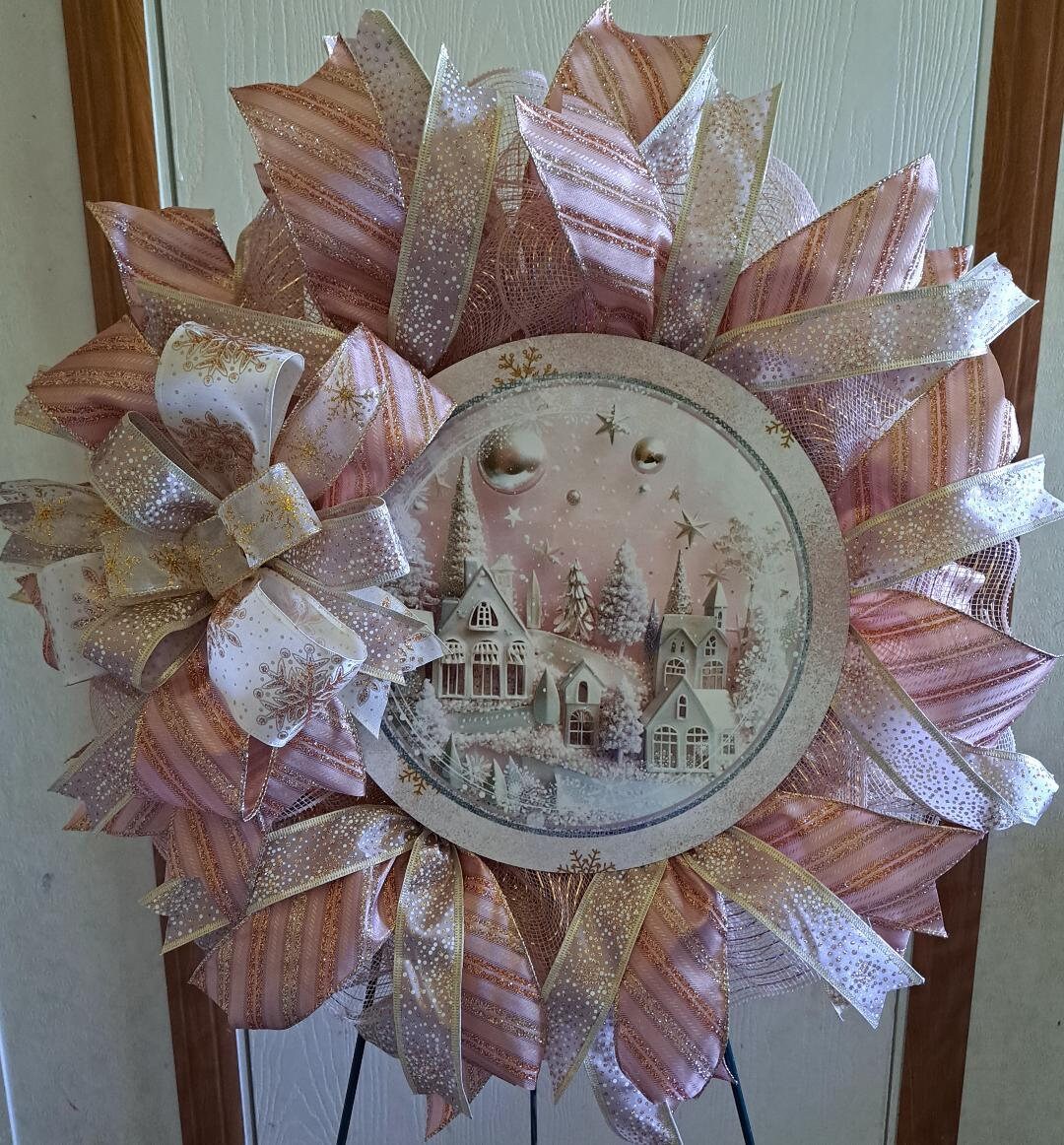 Christmas Village/pink/rose Gold/gold/pancake Style Wreath/door Decor ...