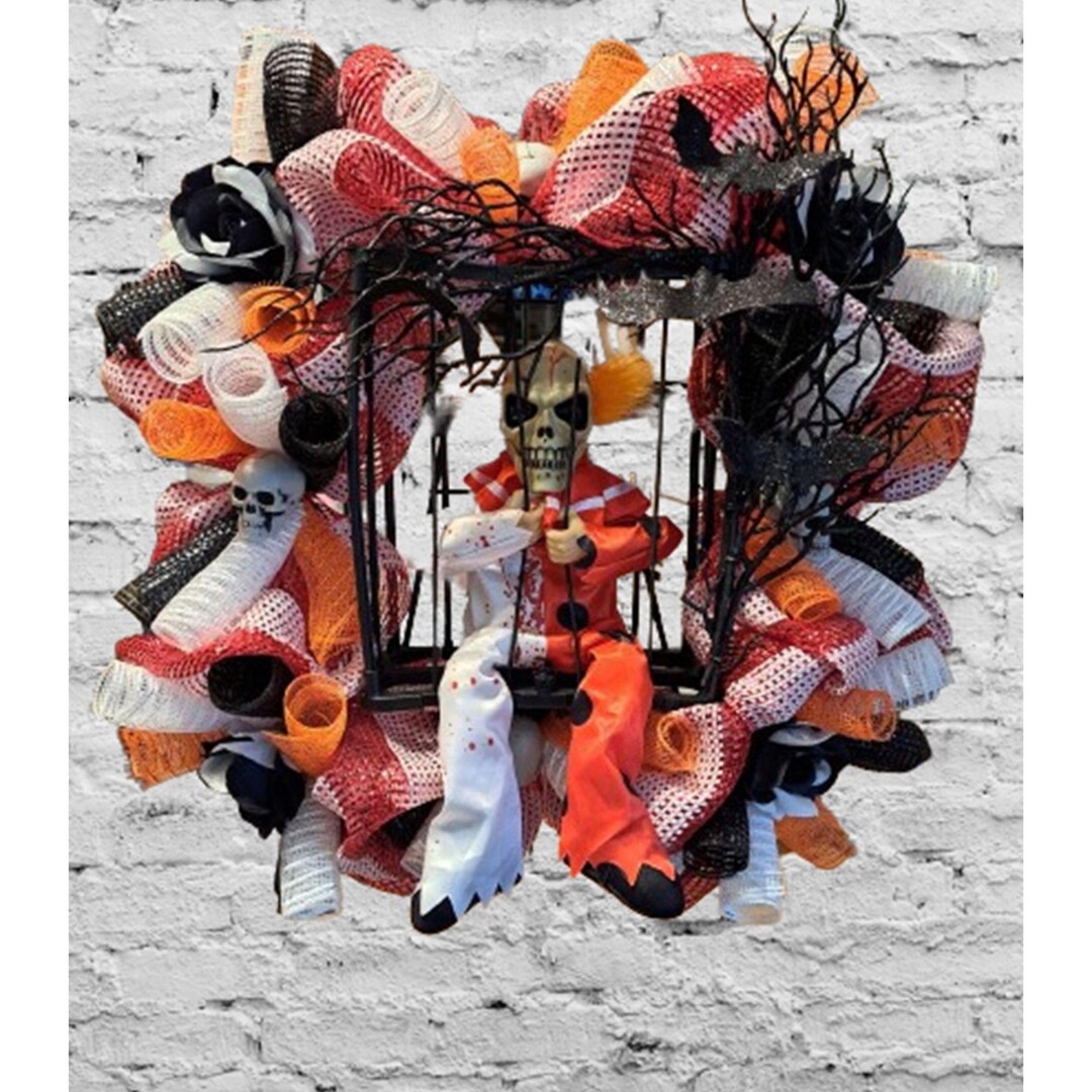 Animated Caged Clown Halloween Wreath, Seasonal Front Door Decor, Scary ...