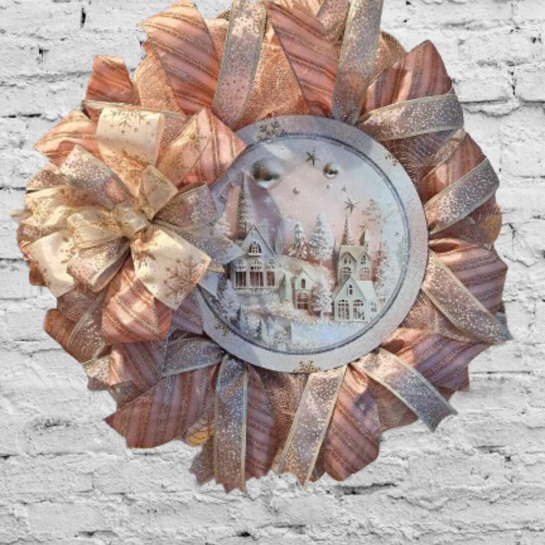 Pink & Gold Christmas Village Pancake Wreath, Front Door Decor ...