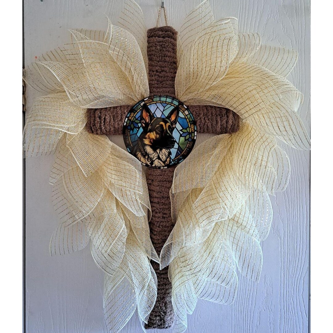 Chenille Chunky Yarn Cross With Angel Wings Door Decor, German Shepherd ...