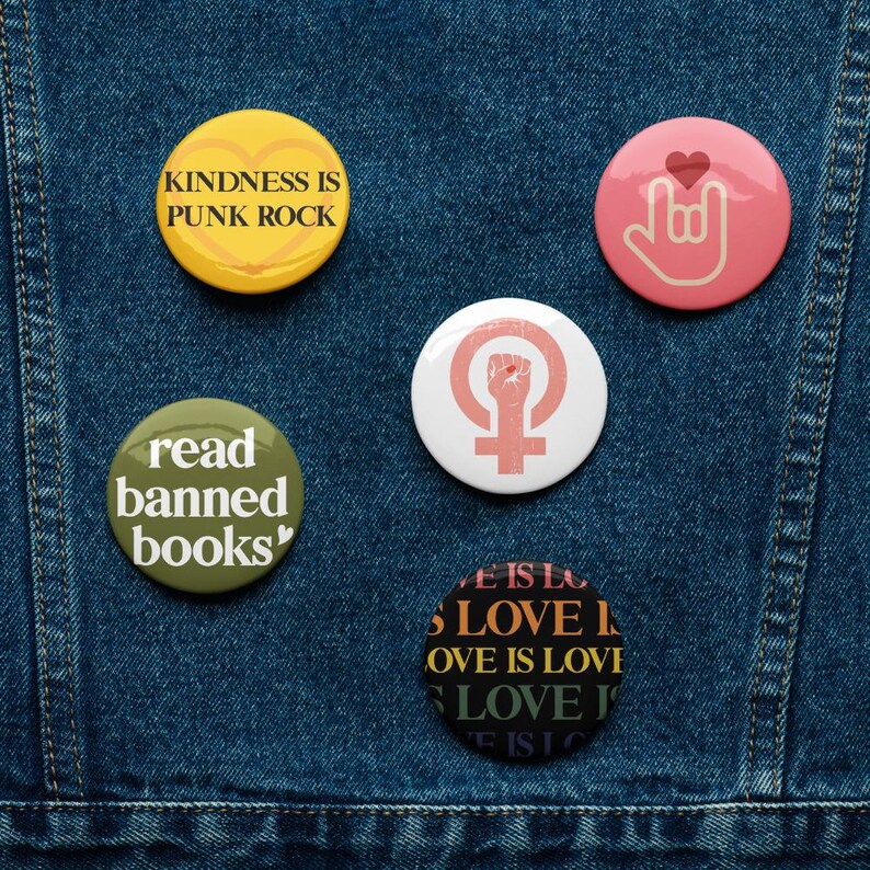 Kindness Buttons Set of Five - Pins Badges Kindness Love Pride Feminism ...
