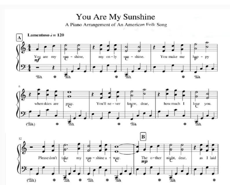 You Are My Sunshine, Piano Notesscoresheet Music Sheet, Digital ...