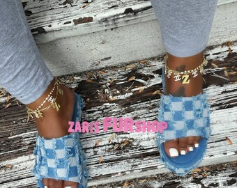 Custom Denim Blue Jean Slides, Comfy Slides, Slippers, Trendy Shoes ...