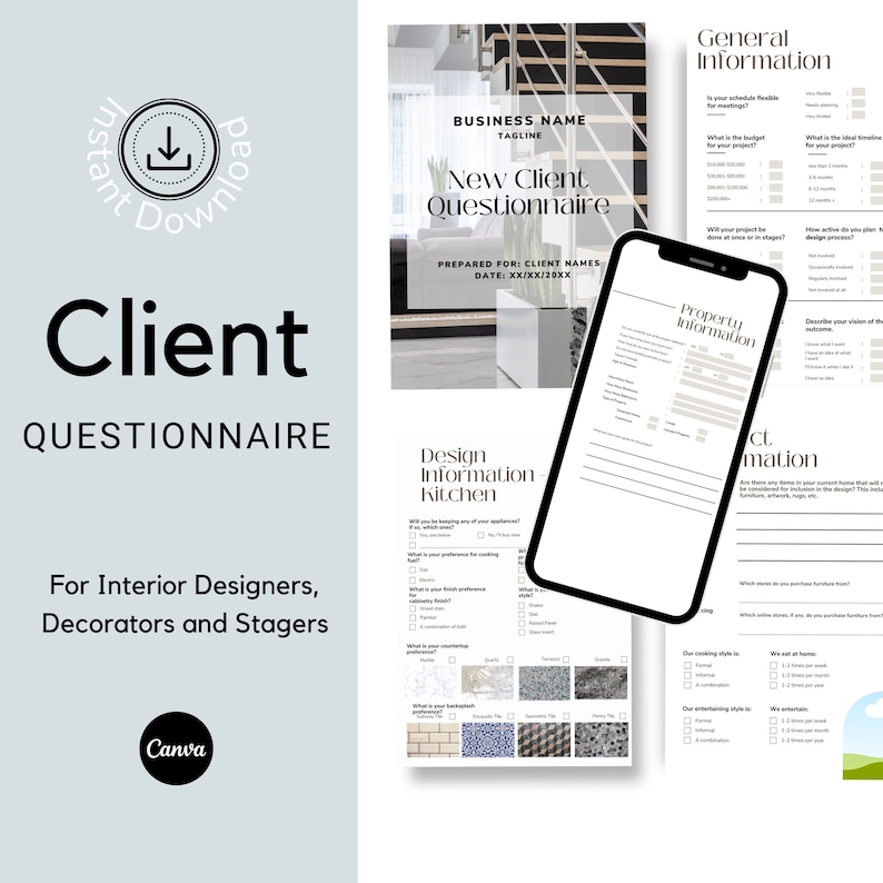 Interior Design Client Questionnaire Fully Editable Canva - Etsy