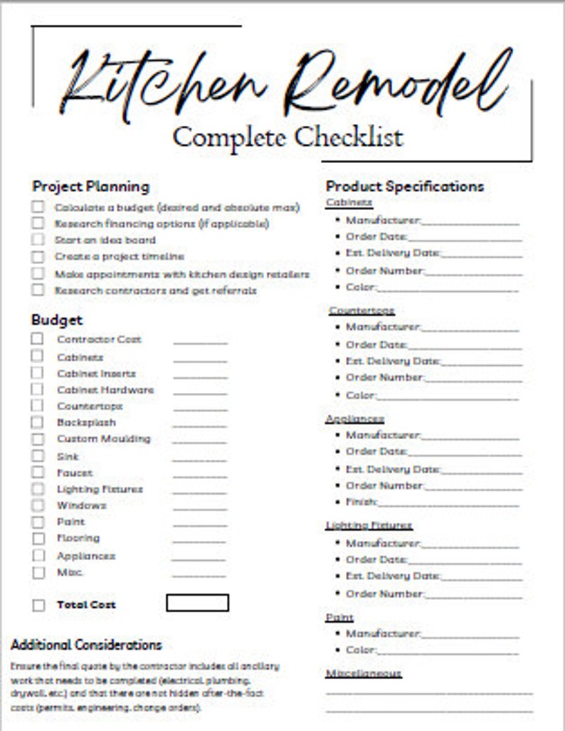 Kitchen Renovation Checklist - Etsy