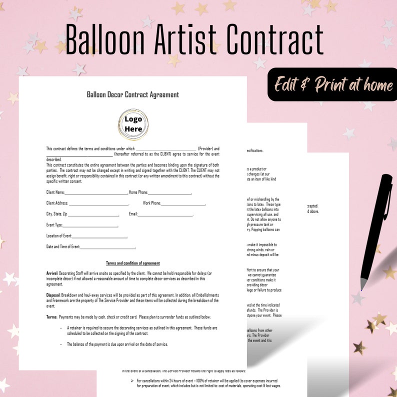 Balloon Artist Contract Template Balloon D cor Agreement Etsy