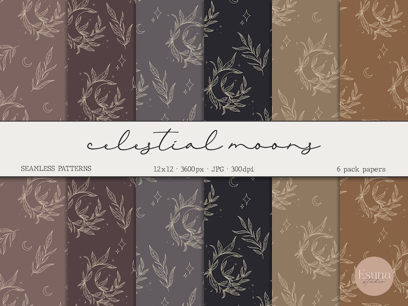 Celestial Seamless Pattern Pack Moon Repeat Pattern Pack Floral Digital Craft Paper Celestial ...