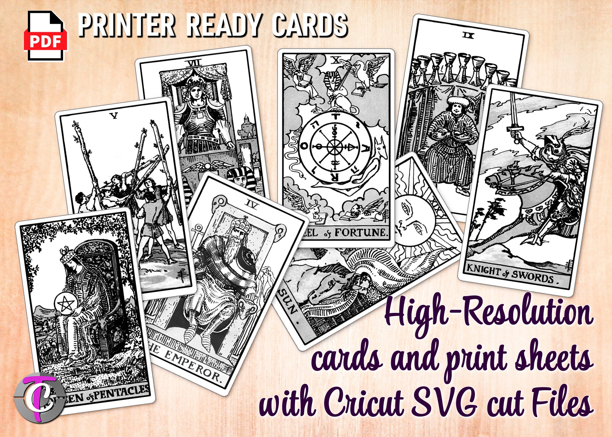 Printable Tarot Cards in Black & White Rider Waite Smith Printer Sheets ...