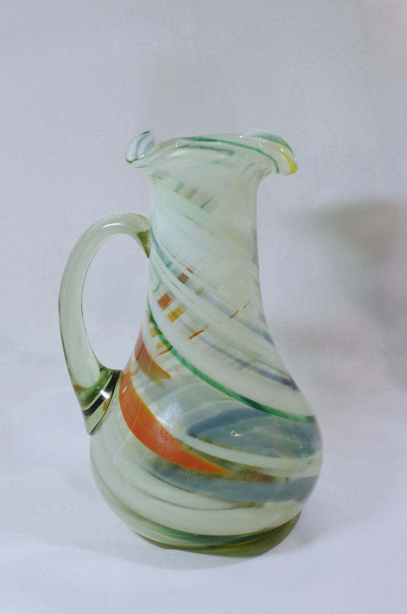 Vintage Hand Blown Swirled Art Glass Pitcher With Ruffled - Etsy