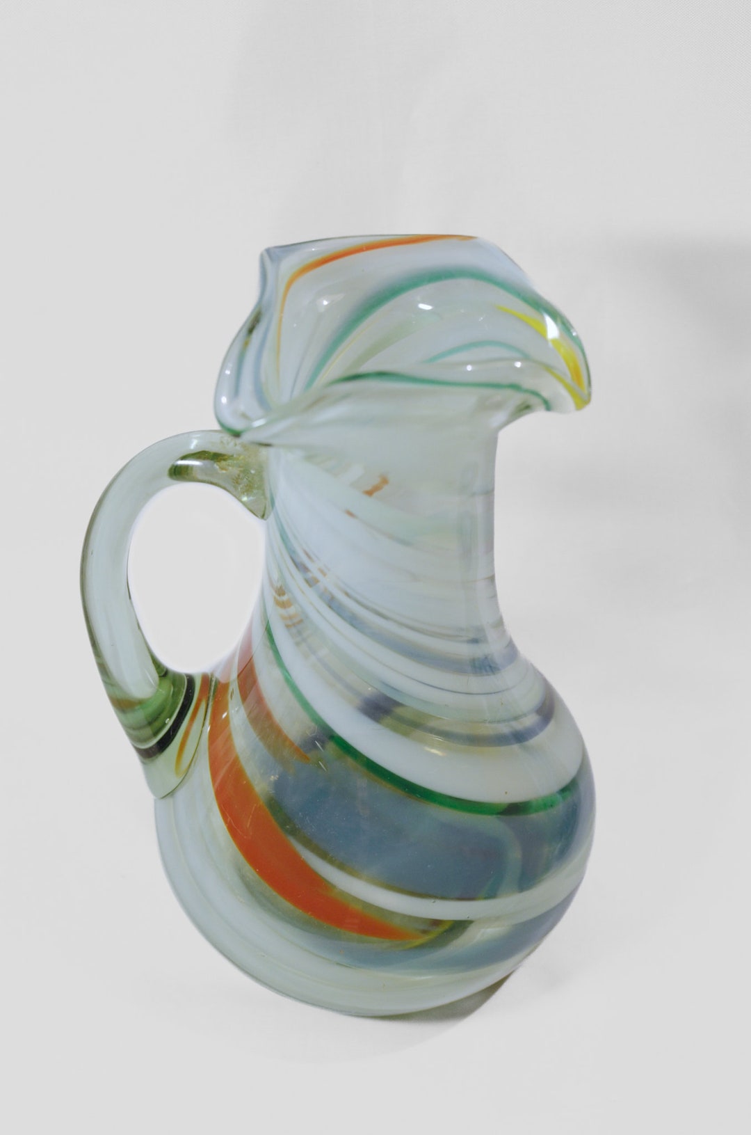 Vintage Hand Blown Swirled Art Glass Pitcher With Ruffled Spout and ...