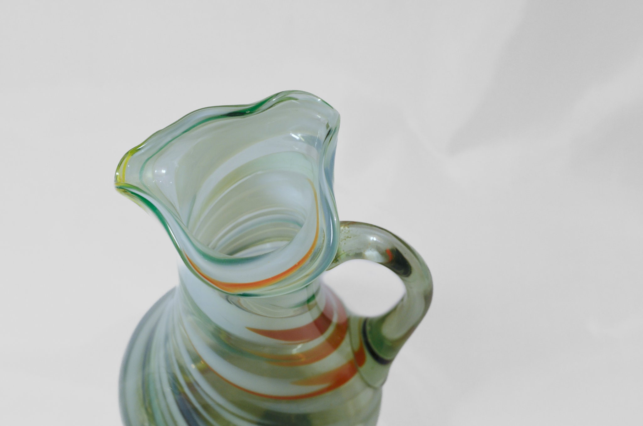 Vintage Hand Blown Swirled Art Glass Pitcher With Ruffled - Etsy