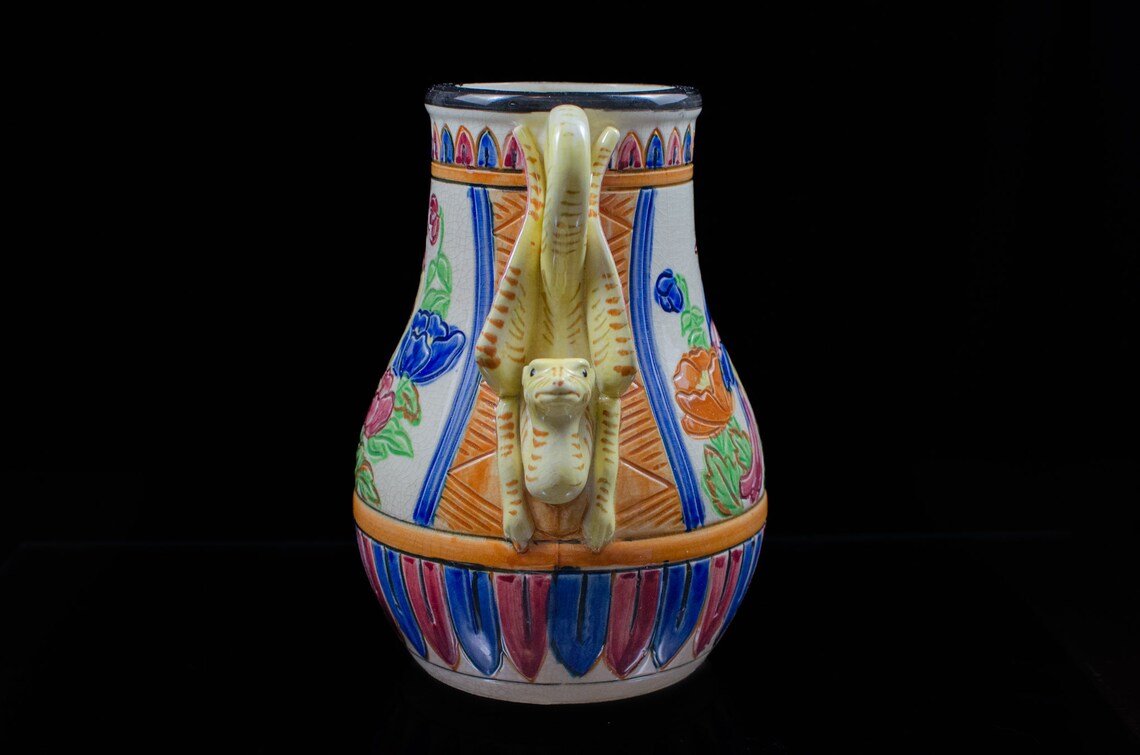 Antique Ceramic Pitcher With Floral Design & Painted Robins Griffin ...