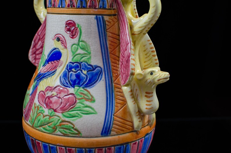 Antique Ceramic Pitcher With Floral Design & Painted Robins Griffin ...