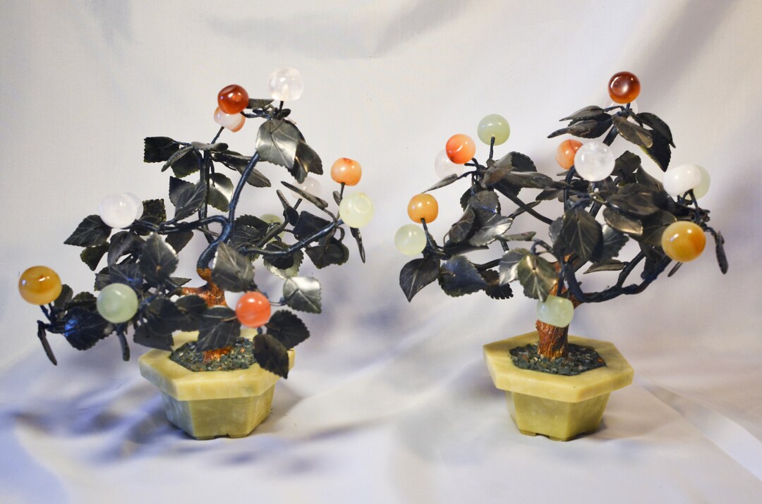 Pair of Semi-precious Stone Fruit Trees (jade, Agate, Carnelian, Quartz ...