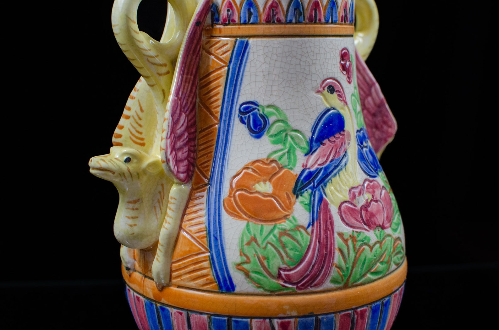 Antique Ceramic Pitcher With Floral Design & Painted Robins Griffin ...