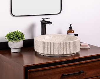 Natural Stone Vessel Bathroom Sink, Burj Ojinaga Marble, Fluted Vanity ...