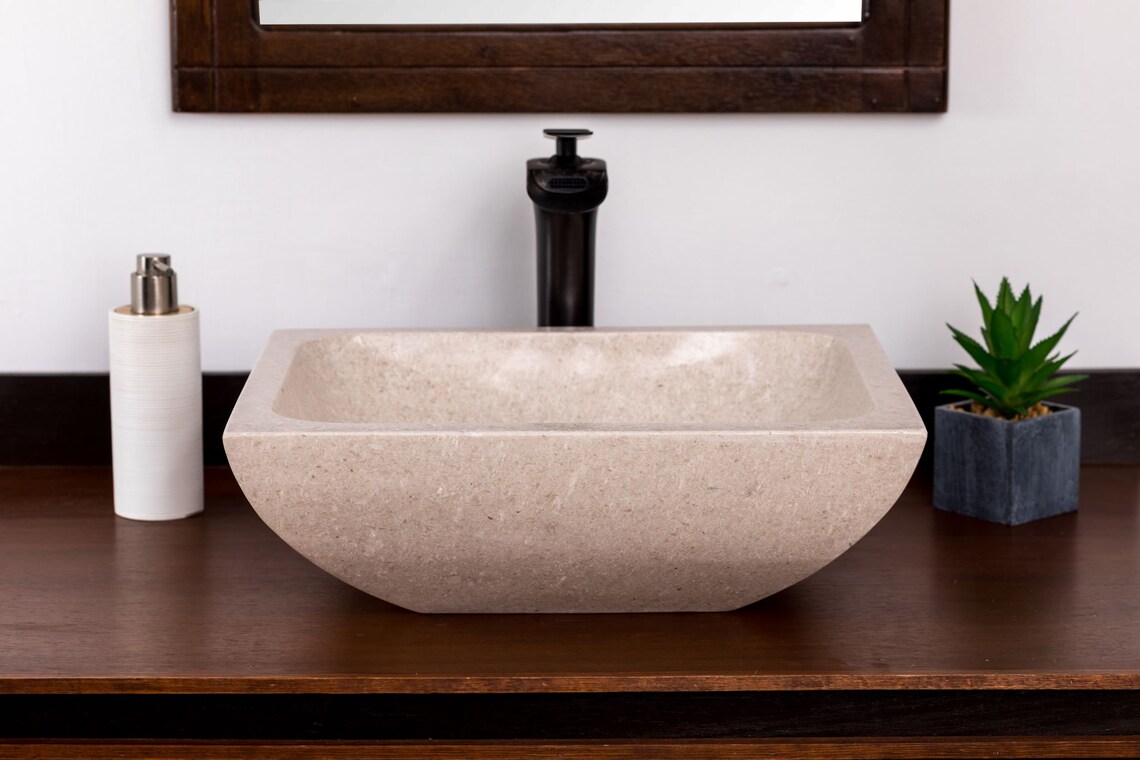 Natural Stone Vessel Bathroom Sink, Rectangular Ojinaga Marble, Vanity ...