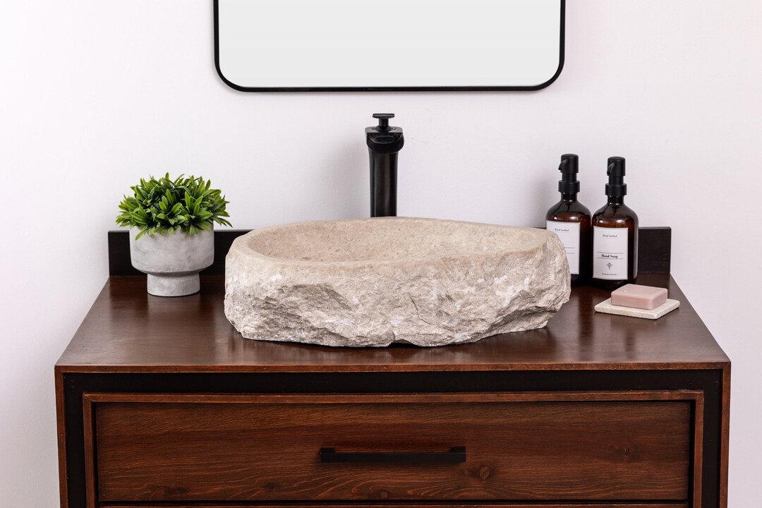 Natural Stone Vessel Bathroom Sink, Chiseled Ojinaga Marble, Vanity ...