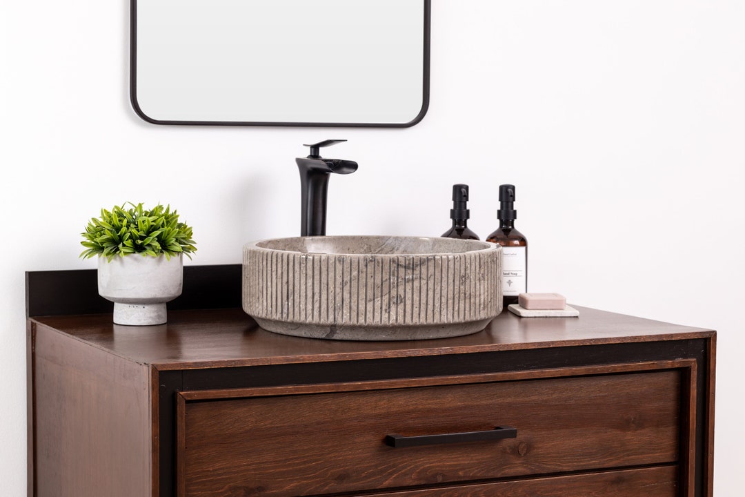Natural Stone Vessel Bathroom Sink, Burj Goleta Marble, Fluted Vanity ...