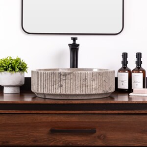 Natural Stone Vessel Bathroom Sink, Burj Goleta Marble, Fluted Vanity ...