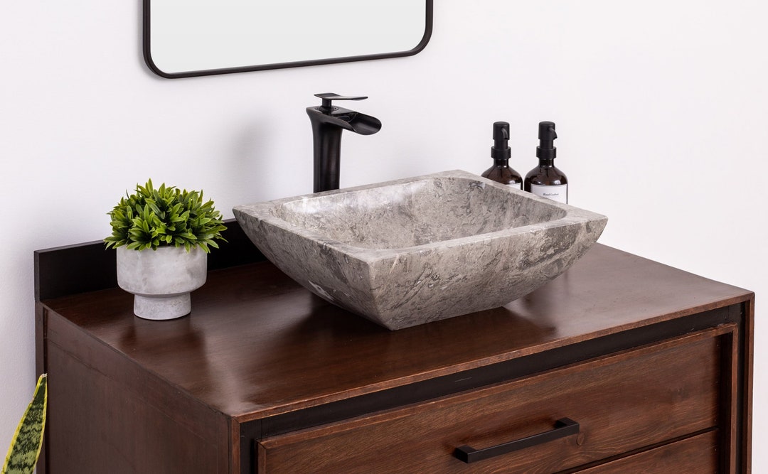 Natural Stone Vessel Bathroom Sink, Rectangular Goleta Marble, Vanity ...