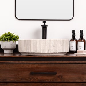 Natural Stone Vessel Bathroom Sink, Burj Ojinaga Marble, Fluted Vanity ...