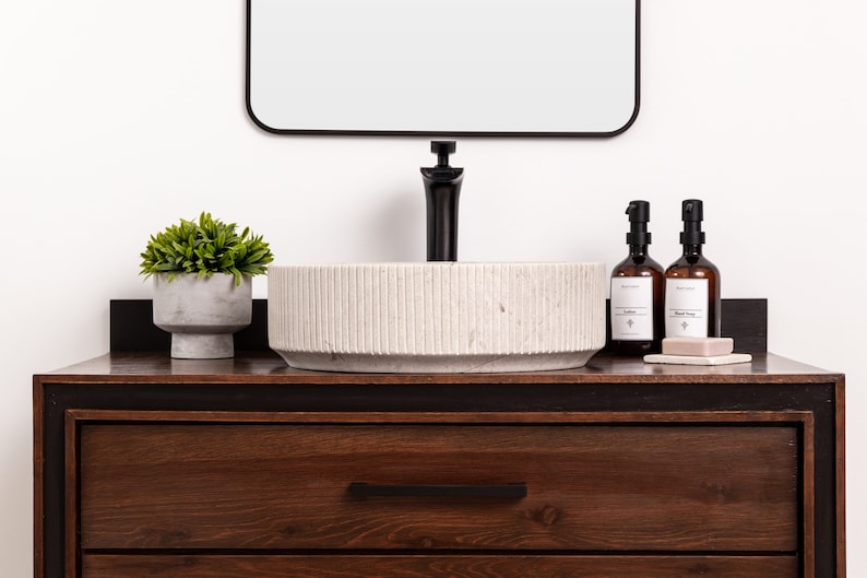 Natural Stone Vessel Bathroom Sink, Burj Ojinaga Marble, Fluted Vanity ...