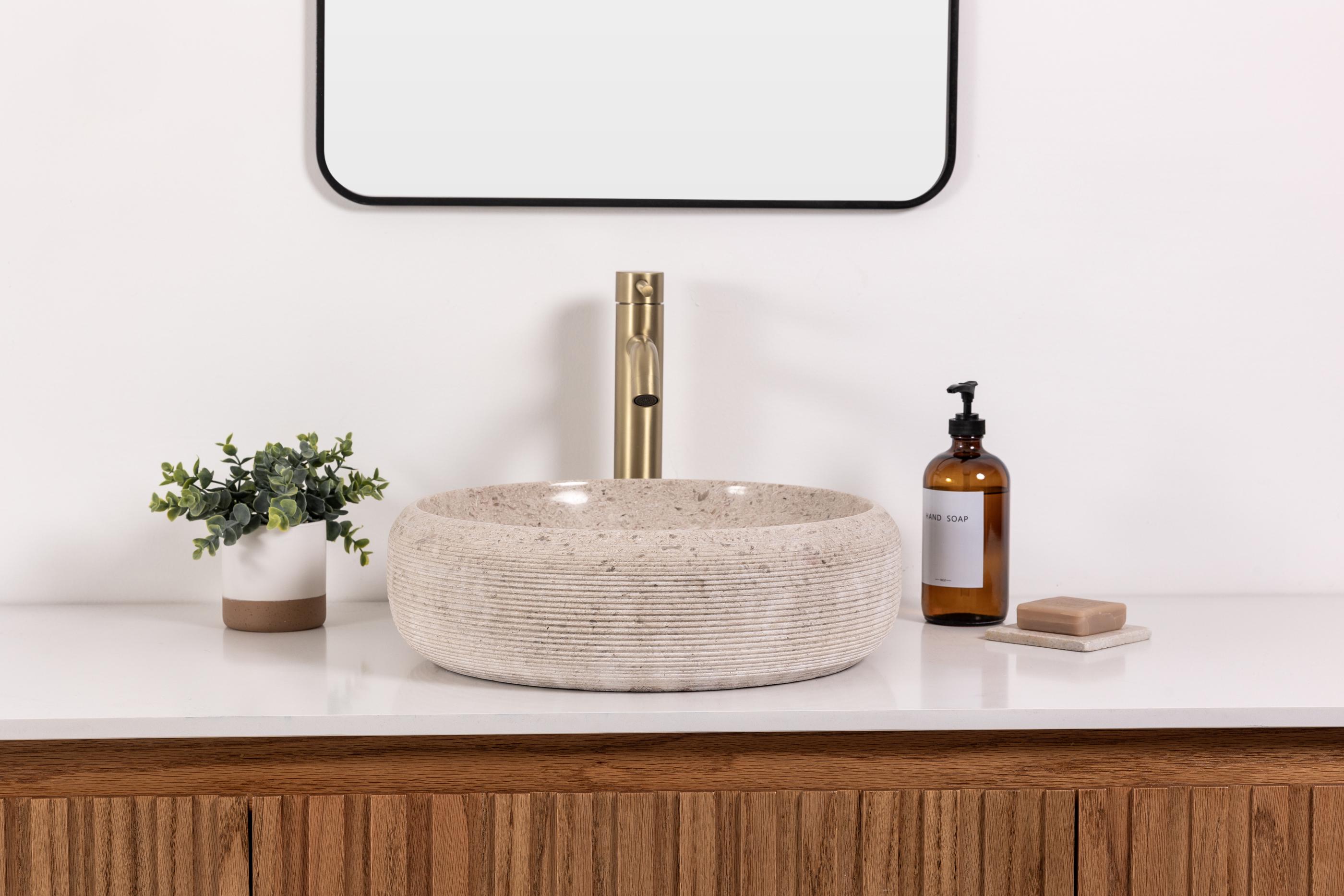 Natural Stone Vessel Bathroom Sink, Marble Vanity Basin, Round Stone ...