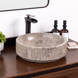 Natural Stone Vessel Bathroom Sink, Burj Goleta Marble, Fluted Vanity ...