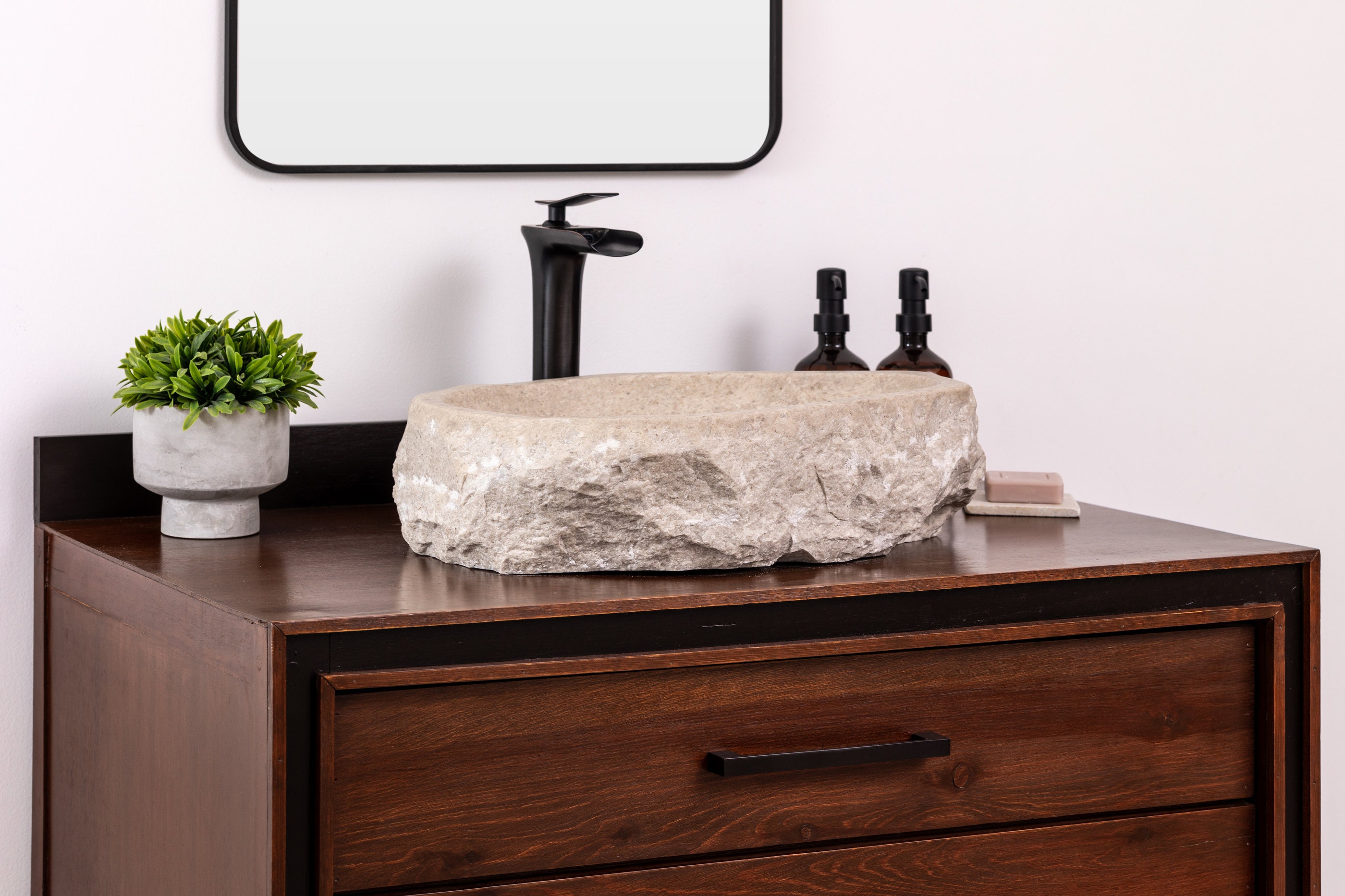 Natural Stone Vessel Bathroom Sink, Chiseled Ojinaga Marble, Vanity ...