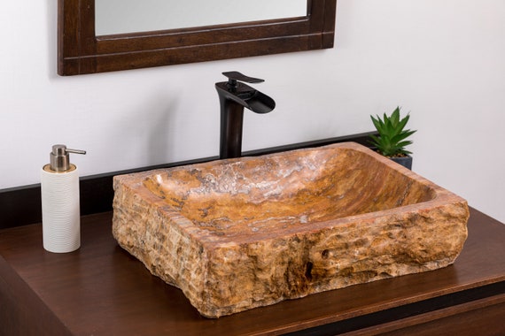 Natural Stone Vessel Bathroom Sink Rustic Rectangular Peach - Etsy