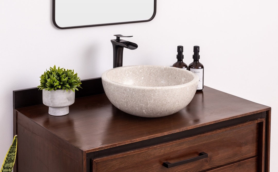 Natural Stone Vessel Bathroom Sink, Marble Vanity Basin, Round Stone ...