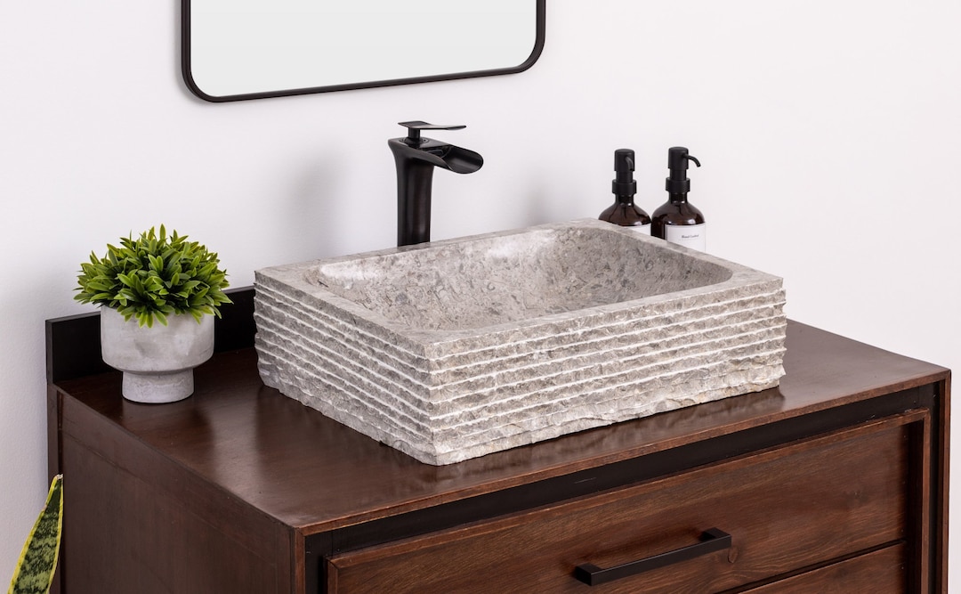 Natural Stone Vessel Bathroom Sink Rustic Rectangular Goleta - Etsy
