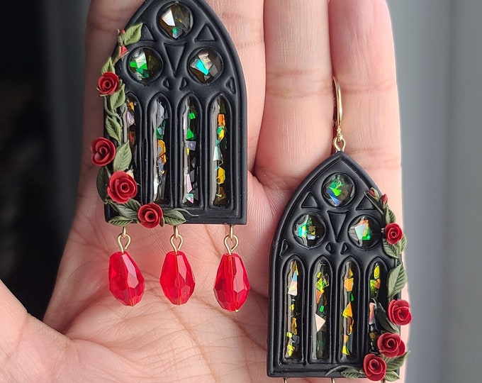 Gold Stained Glass Window Earrings Gothic Cathedral Cross Pattern - Etsy