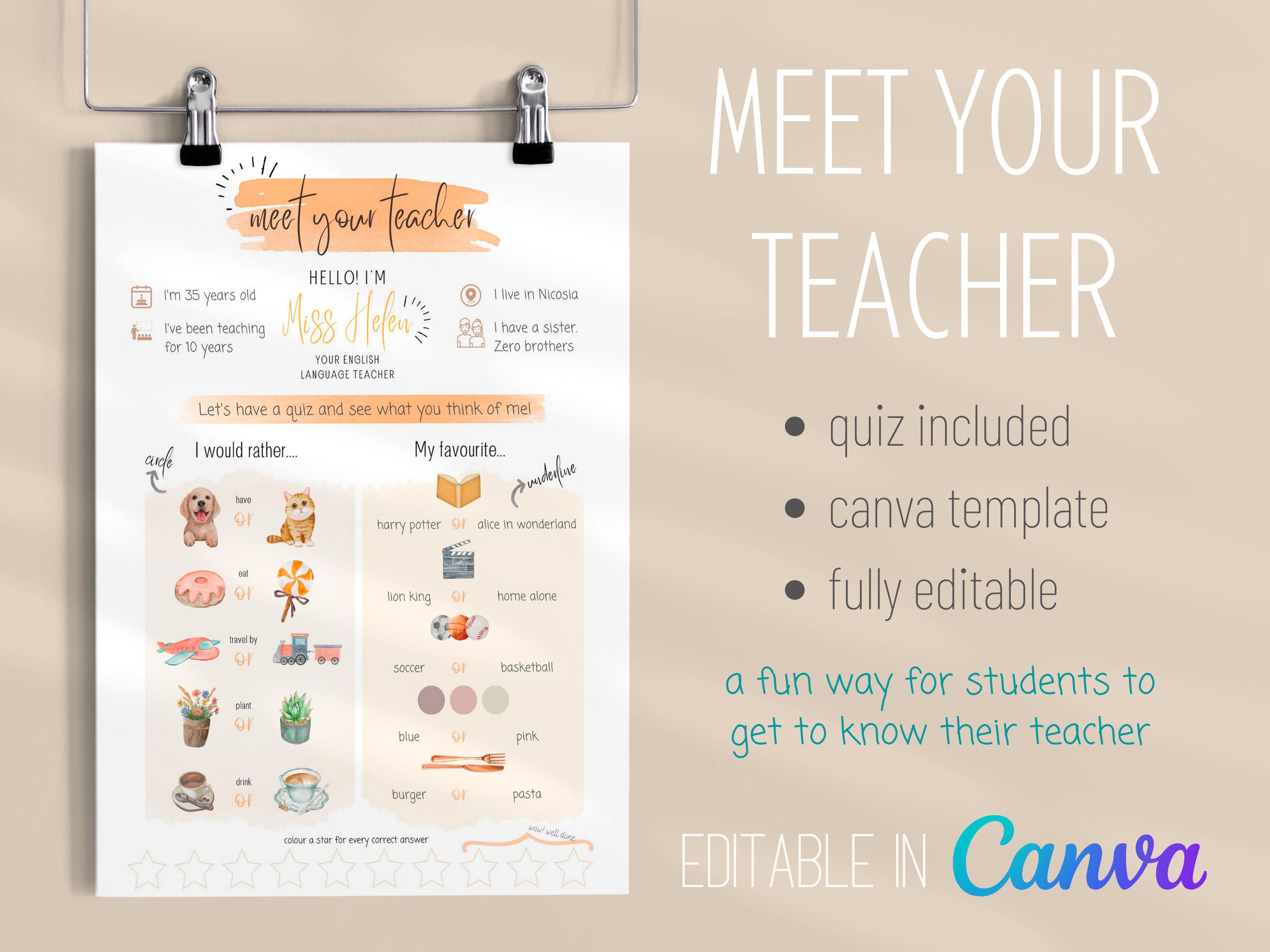 Meet Your Teacher Template - Canva Editable - Quiz Included for More ...