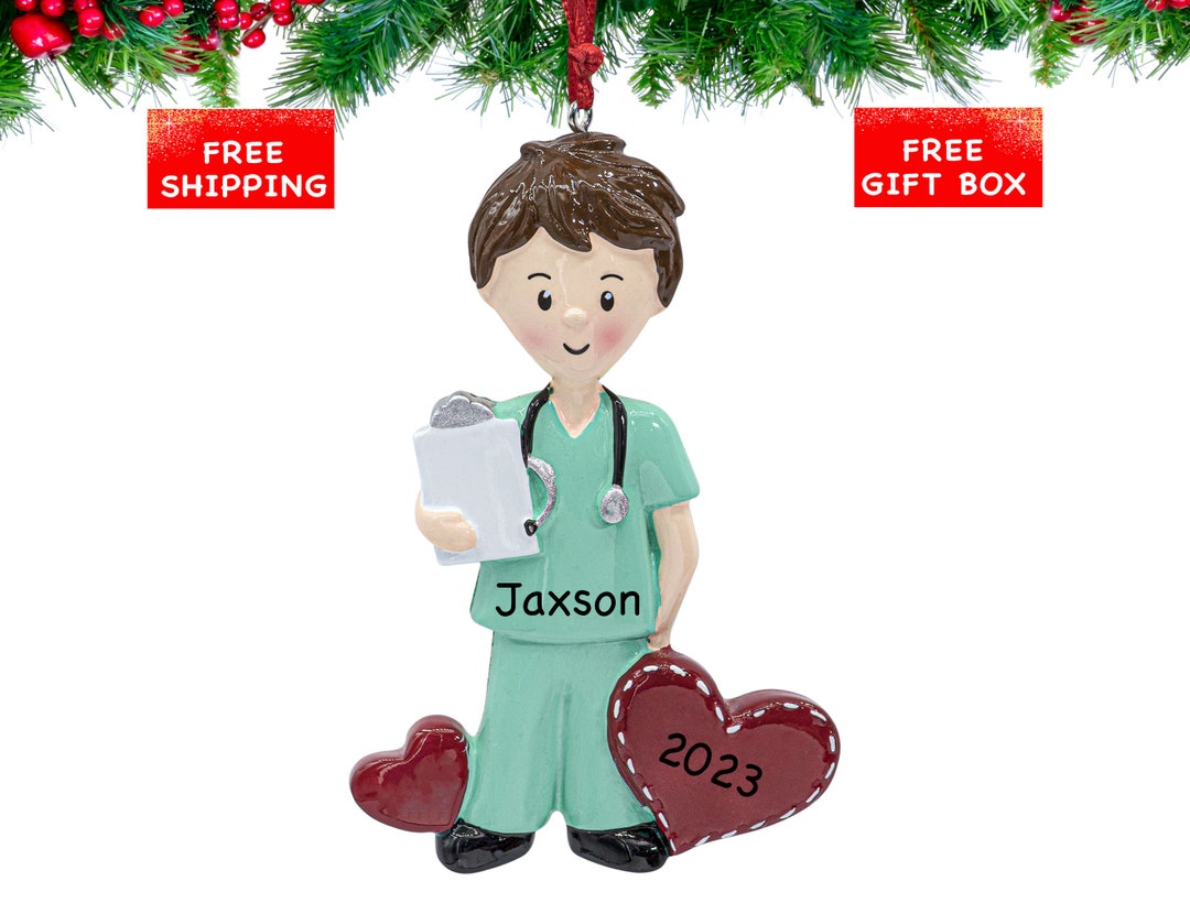 Doctor Ornament Personalized Green Scrubs Male Doctor Christmas ...