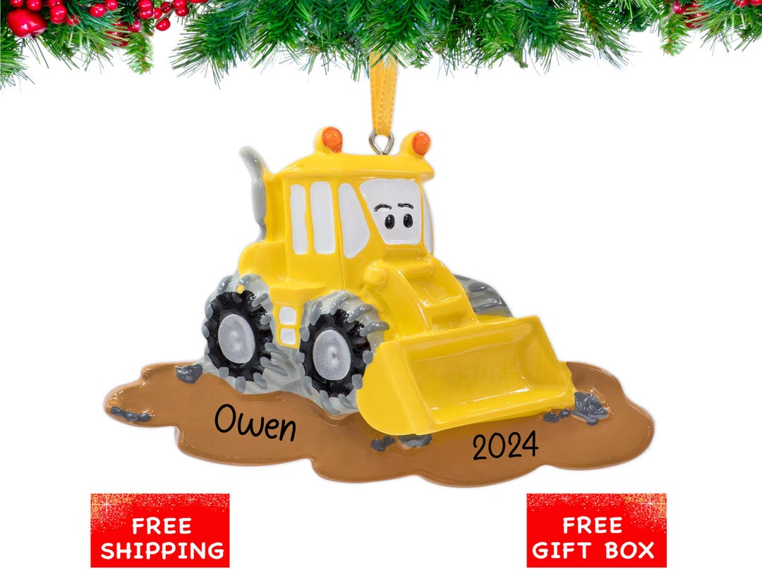 Personalized Bulldozer Christmas Ornament 2024 | Yellow Backhoe, Digger ...