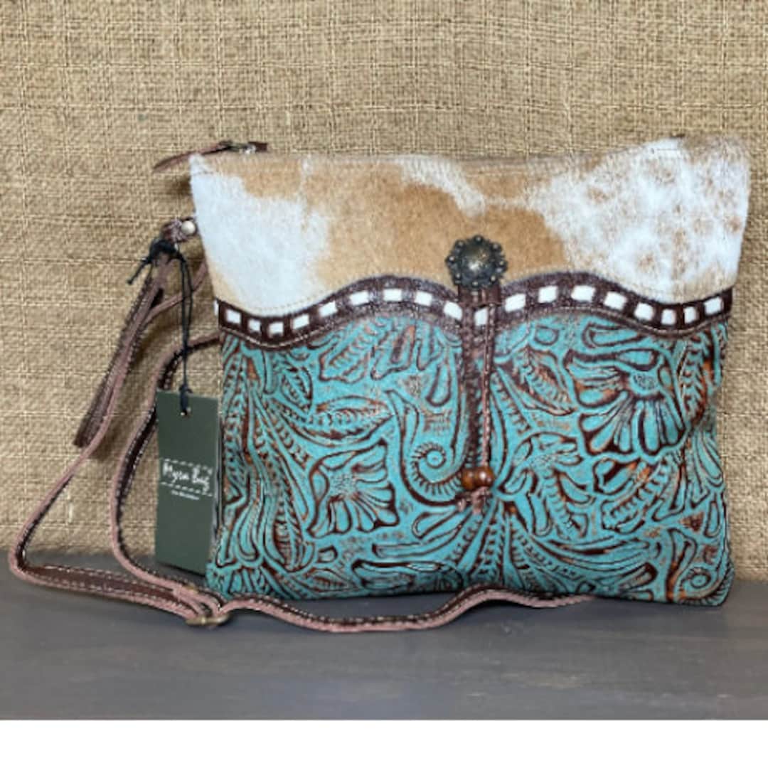 Myra Bag Teal Cowhide Western Bag Crossbody Purse Handbag – Leather, Cowhide and Canvas - Etsy