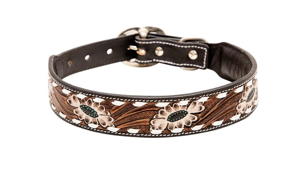 Western Cowboy Leather Dog Collar Tooled Leather Floral Stitching Buck ...