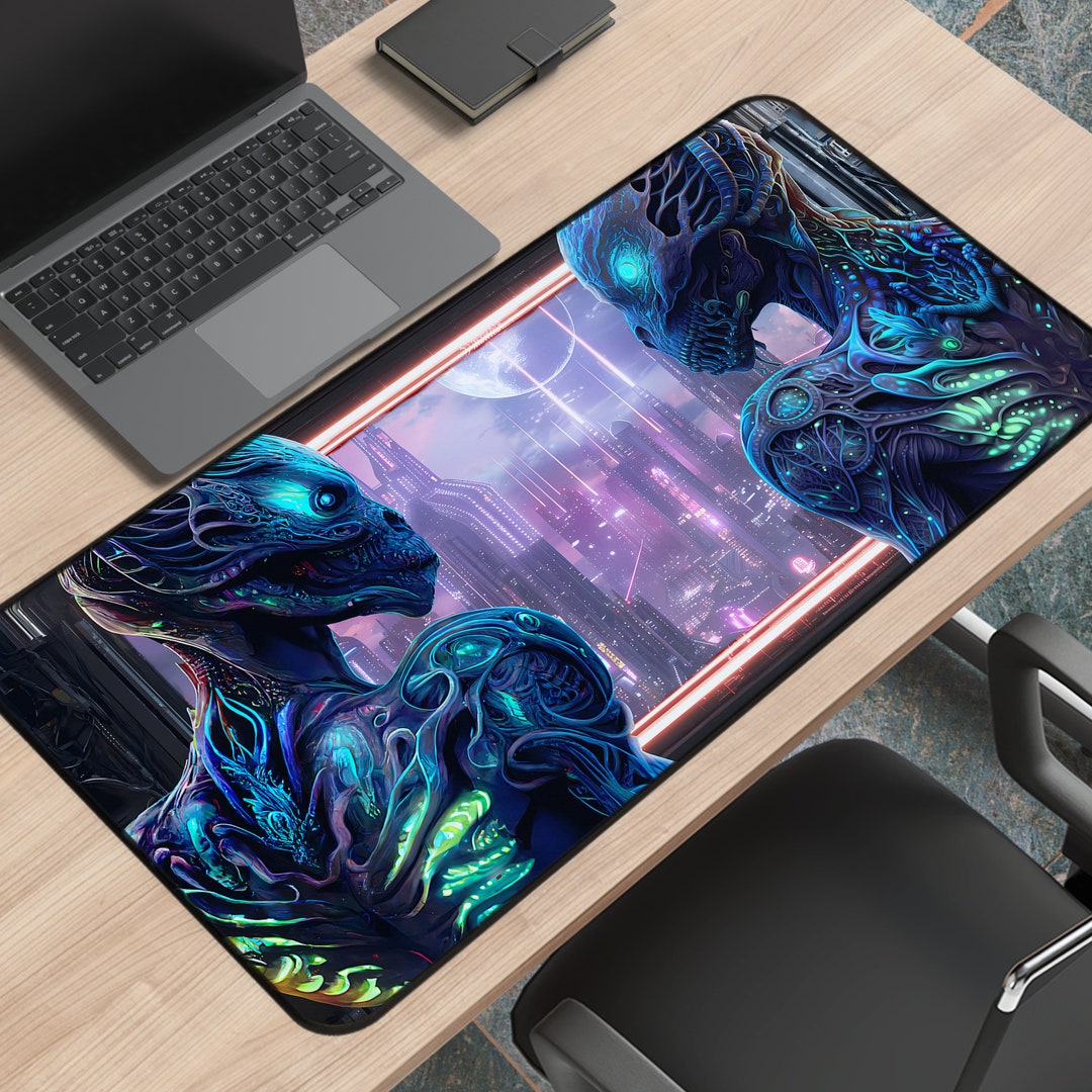 Aliens Overlooking Futuristic Cityscape Desk Mat,vaporwave Moonlit ...