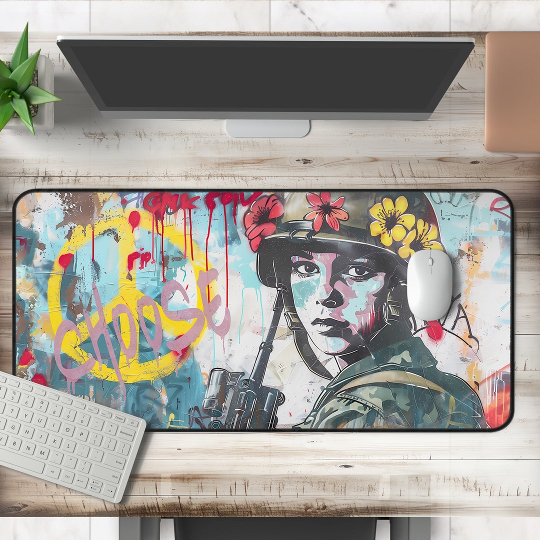 Army Girl Banksy Style Graffiti Desk Mat, Peace and War Gaming Mat ...