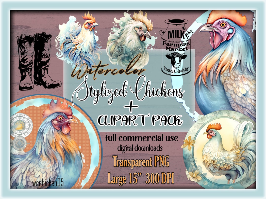 20+ Watercolor Stylized Chickens+clipart Bundle-boho Pastel Chickens ...