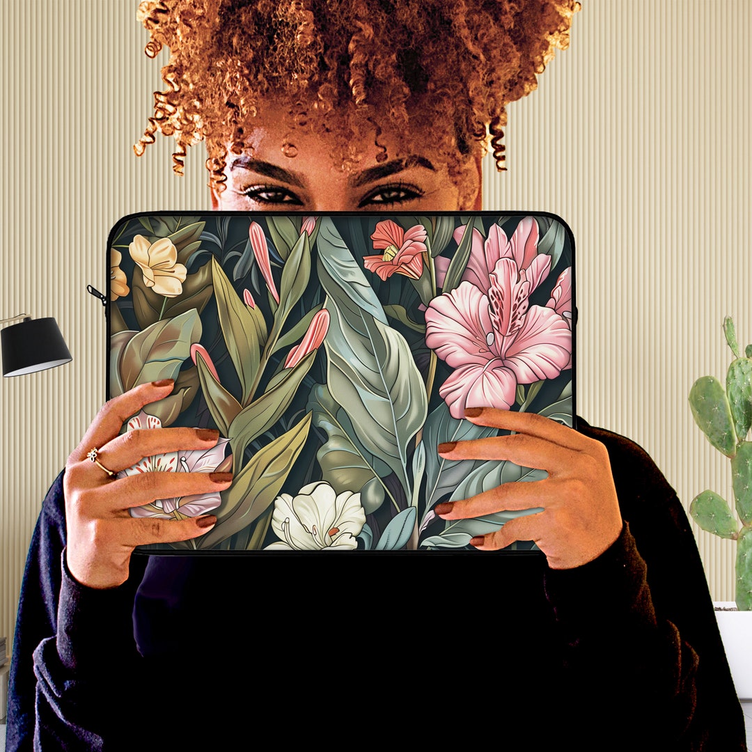Floral Jungle Art Nouveau Laptop Sleeve, Tropical Greenery Rainforest ...