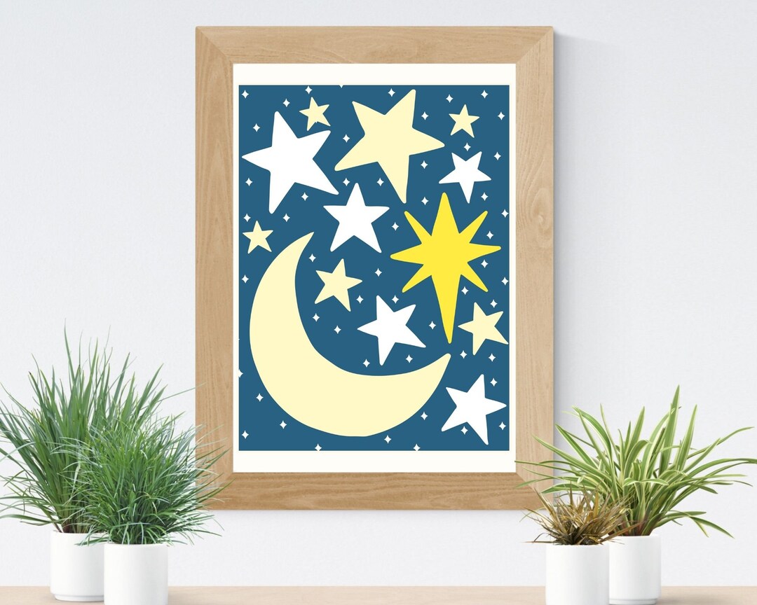 Moon Collage MOON STARS PRINT Navy - Etsy
