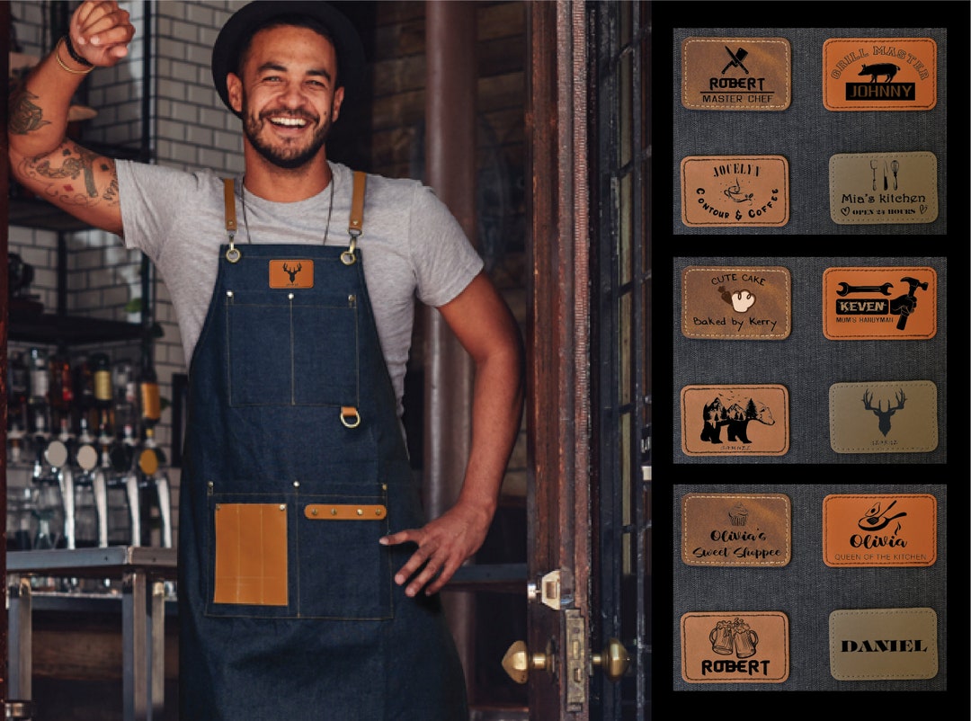 Bartender APRON, DENIM Apron, CUSTOM Chef Apron, Unisex Personalized Leather Patch Jean Apron ...