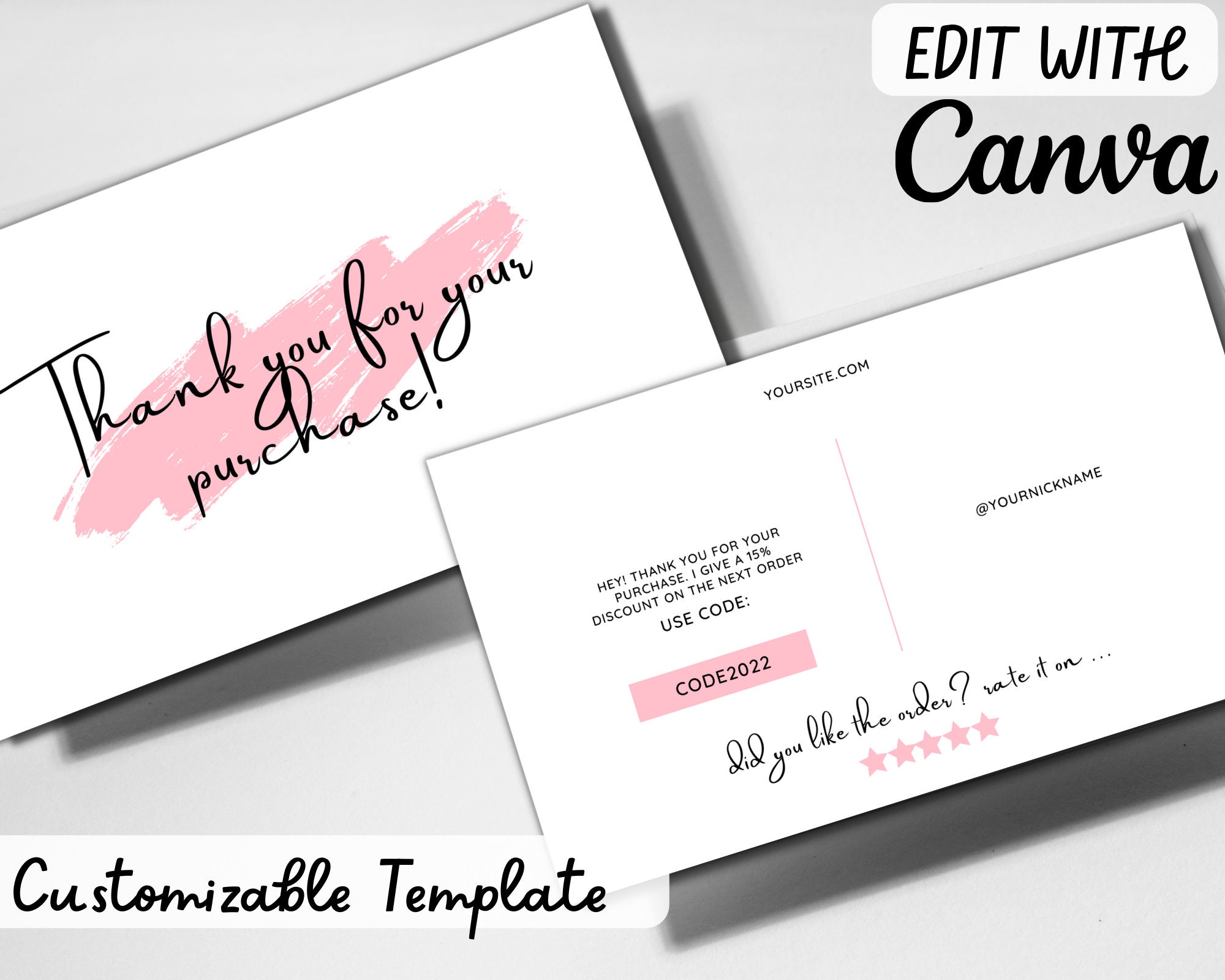 Tarjetas de agradecimiento imprimibles, plantilla comercial, agradecimiento por su compra, nota ...