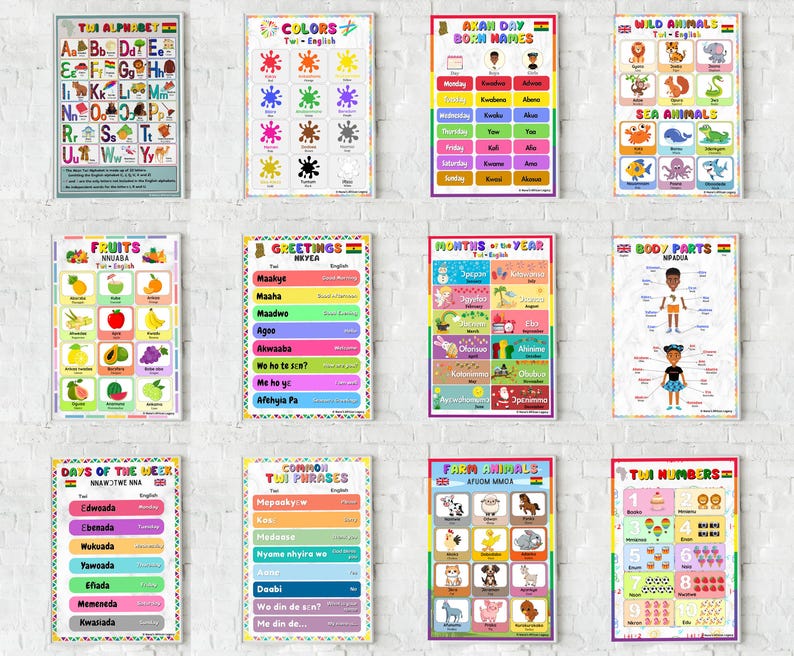 Twi & English Educational Poster Set of 12 | A3 Glossy Laminated 250gsm ...